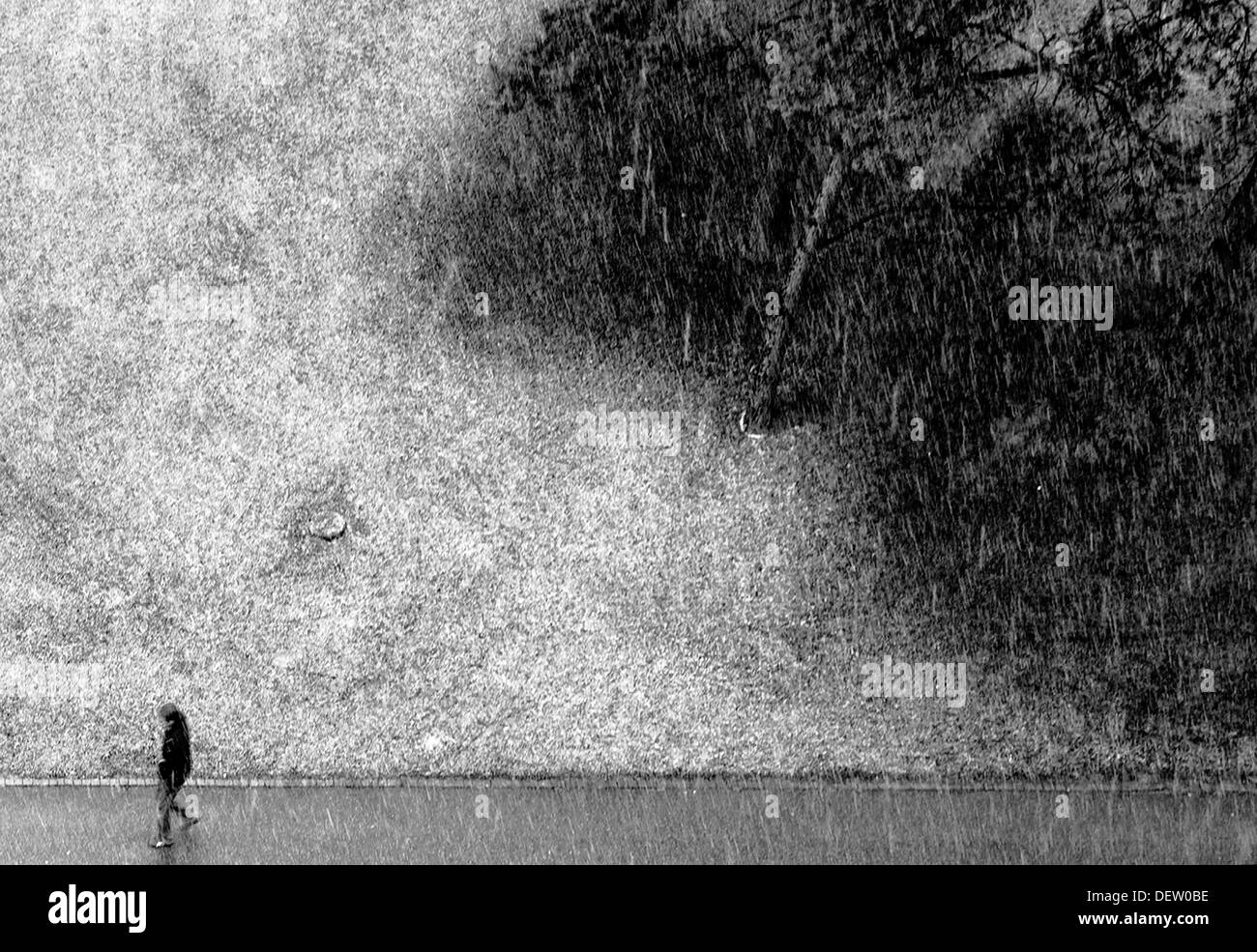 Lonely Man Walking In Rain