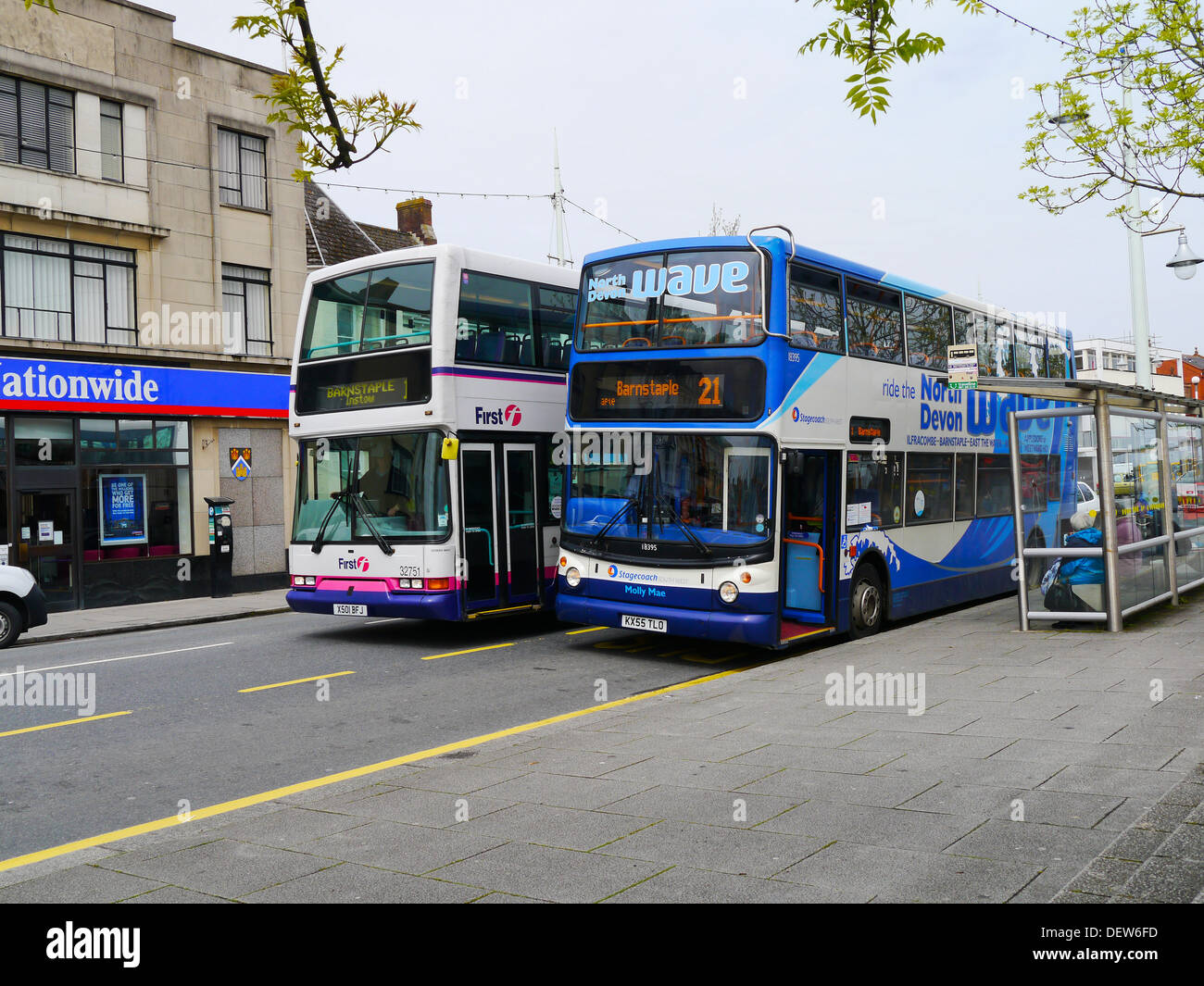 Two double decker buses at a bus stop in Barnstaple Devon England UK ...