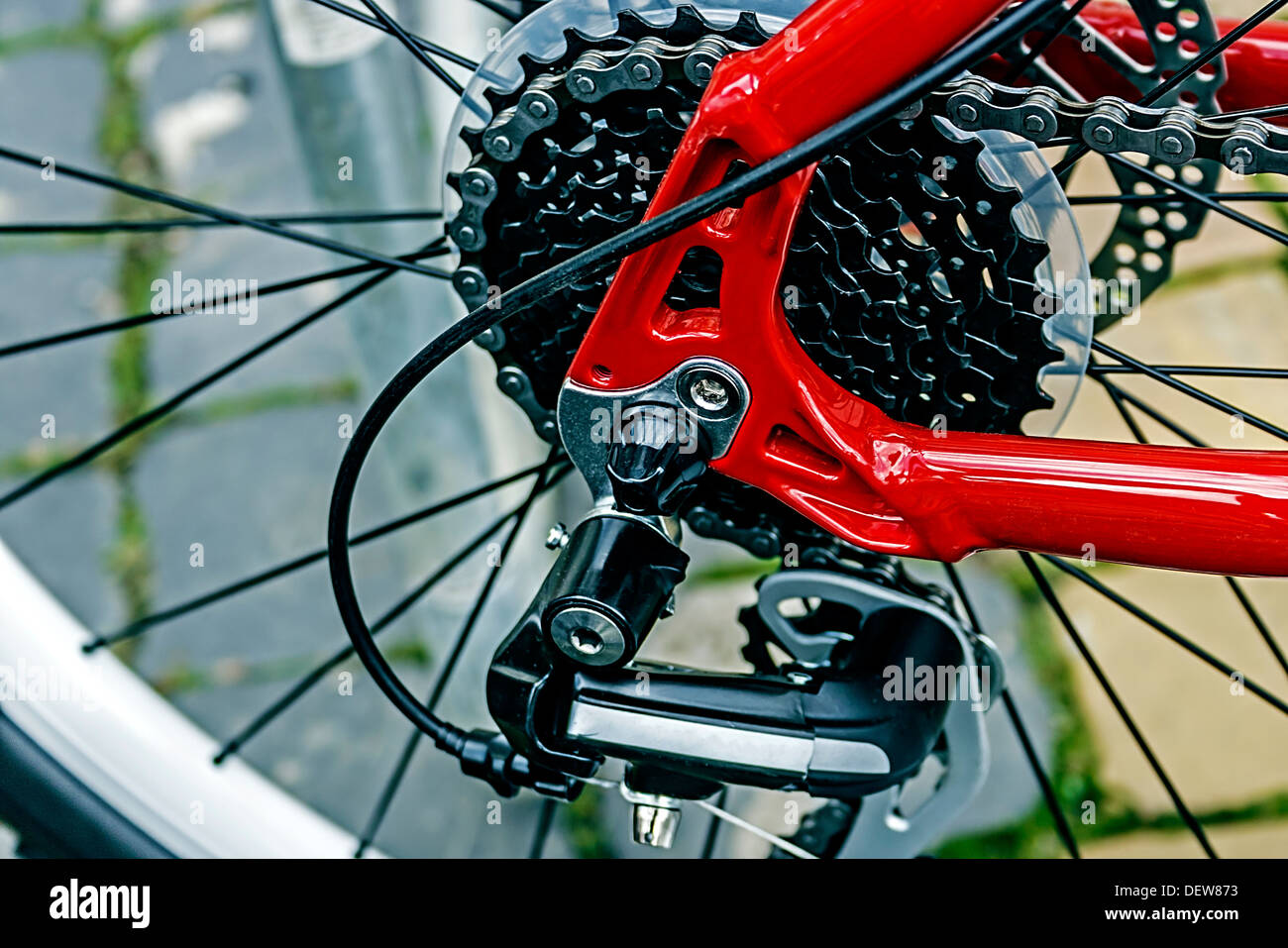 Detail of bicycle chain, derailleur and rear wheel Stock Photo - Alamy