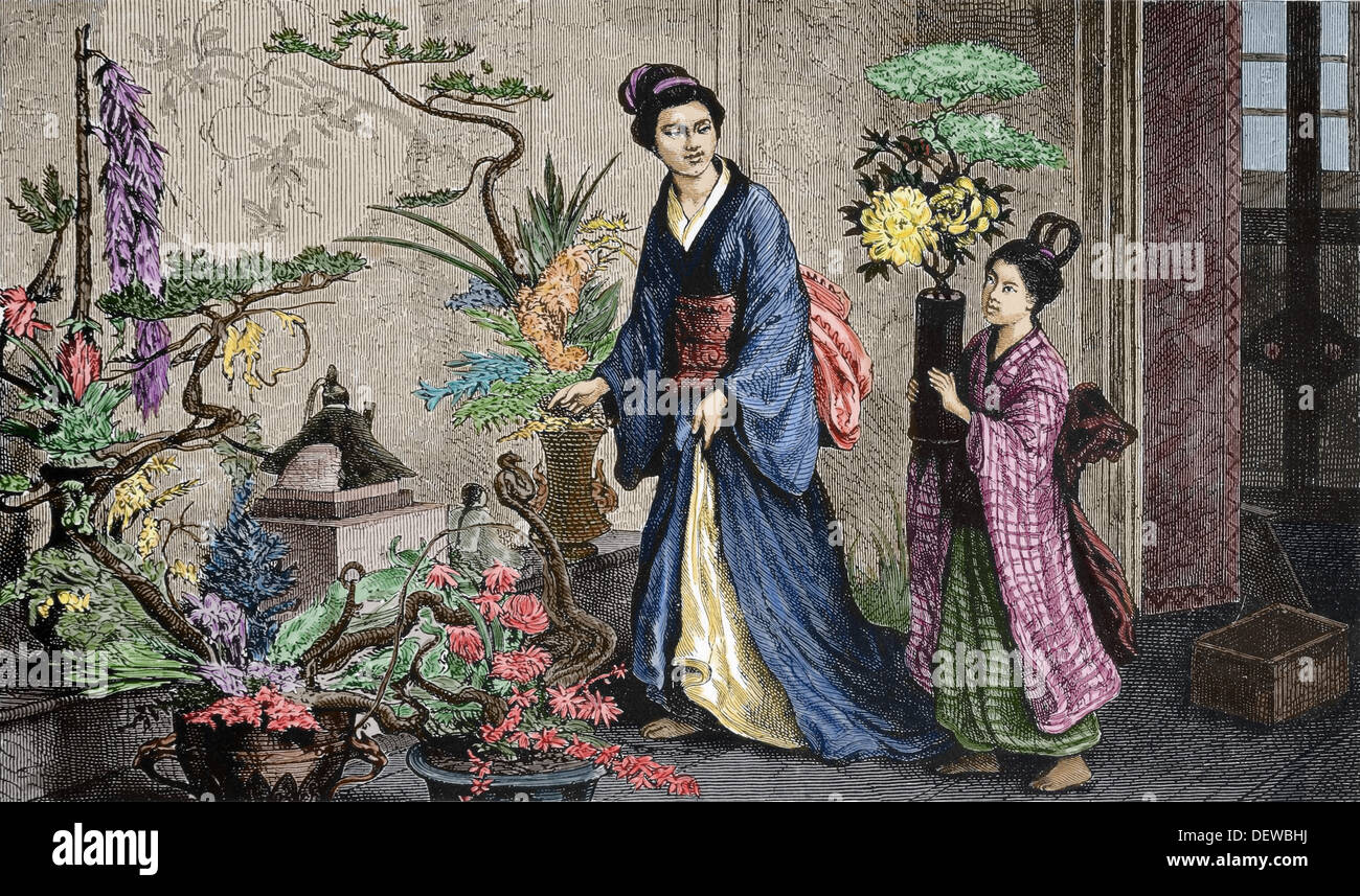 Asia. Japan. Japenese Woman and girl. c. 1890. Colored engraving. 19th ...
