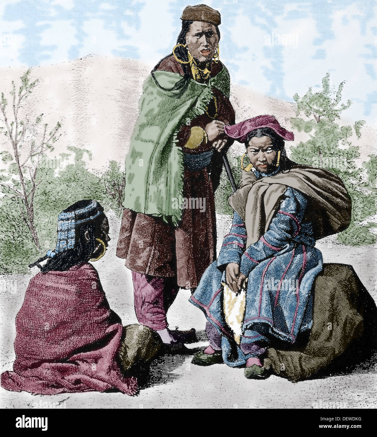 Asia. Tibet. Tibetan People. Engraving. 19th century. Later colouration ...