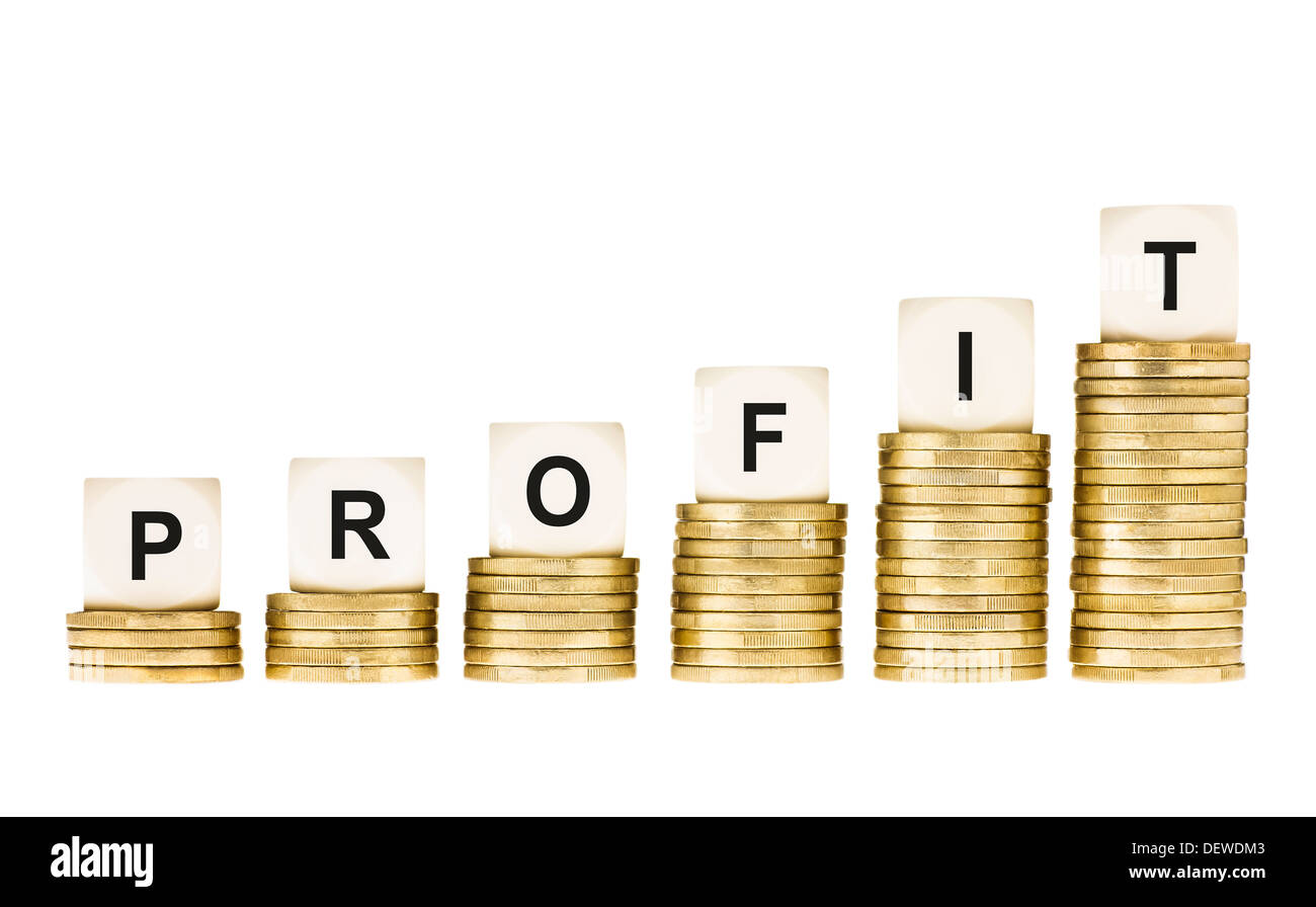 Word PROFIT on Row of Gold Coin Stacks Isolated White Stock Photo - Alamy