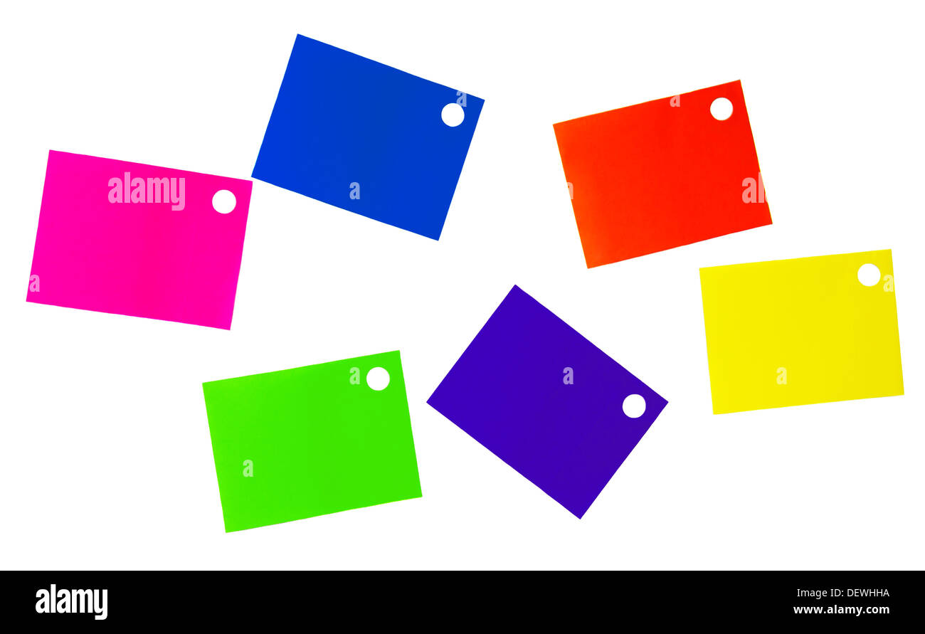 multi colored stickers on a white isolated background Stock Photo - Alamy