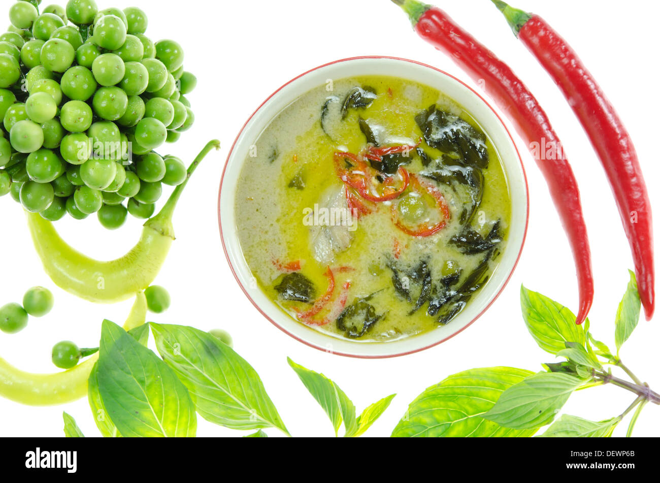 top view green chicken curry with fresh vegetable over white Stock ...