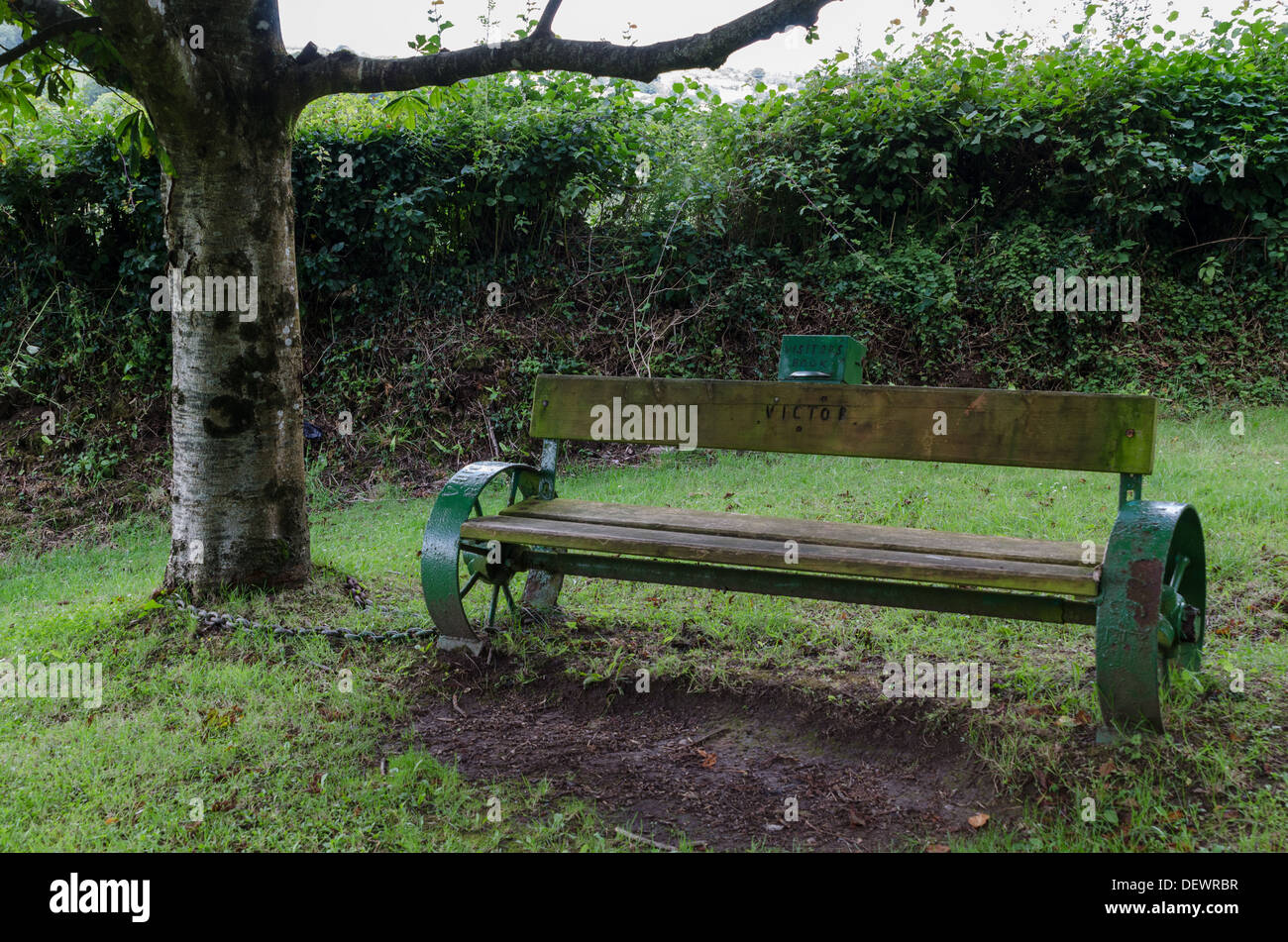 A bench for walkers near Dartmoor made from old farm machinery with a ...
