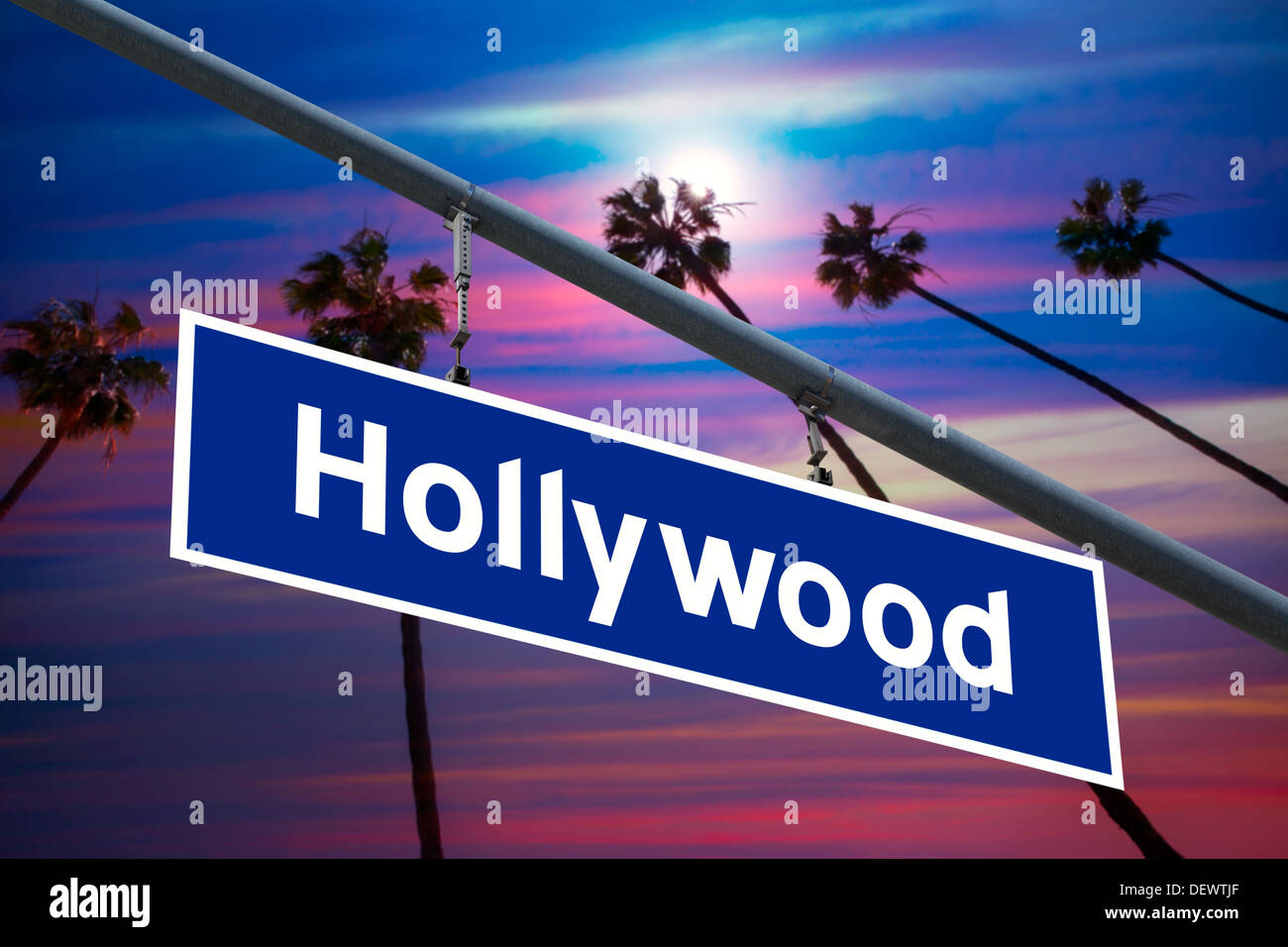 Hollywood California road sign on red light with palm trees sky photo ...