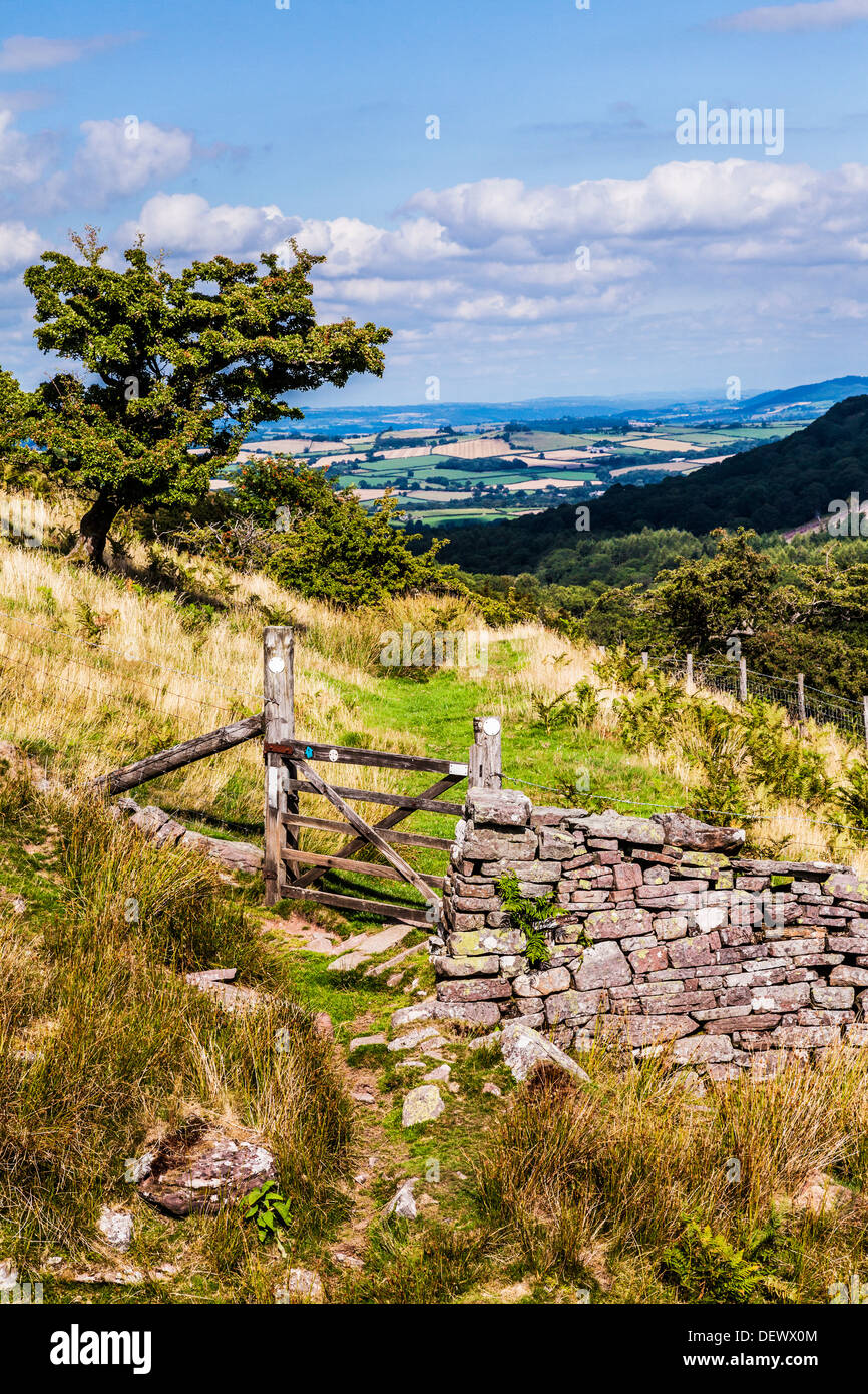 A tumbledown dry stone wall and wooden gate along a public footpath in ...