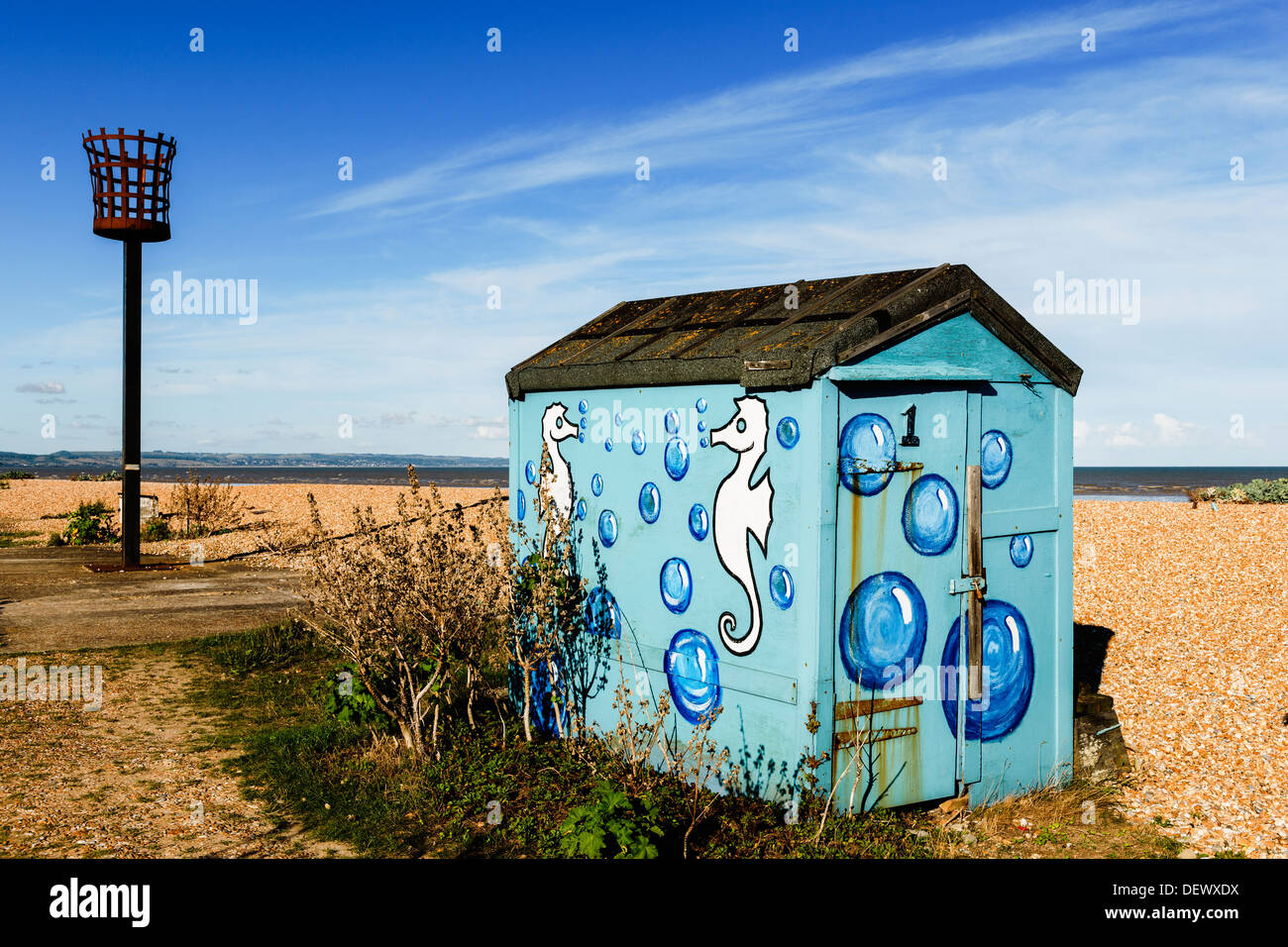 Blue beach hut with painted seahorses at Greatstone Beach, New Romney ...