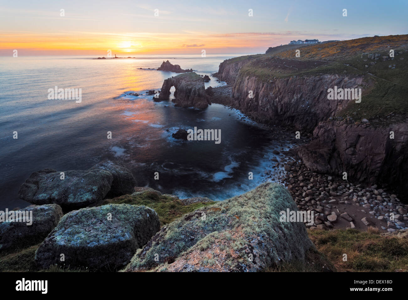 Sunset at Lands End Cornwall England UK showing the rock formations of ...