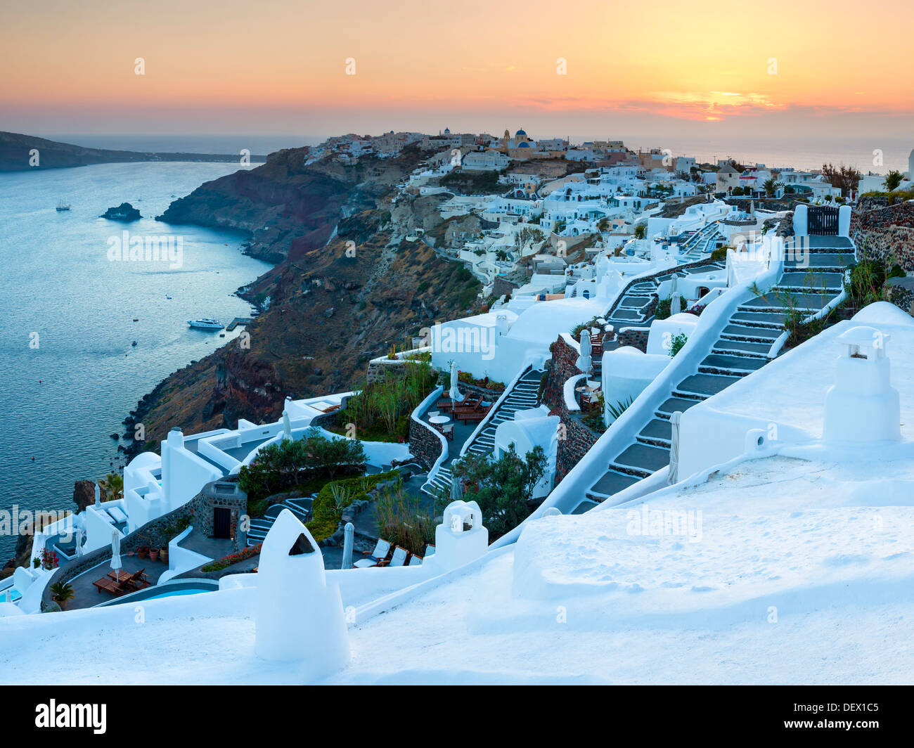 Sunset over the village of Oia on the Island of Santorini Greece Europe ...