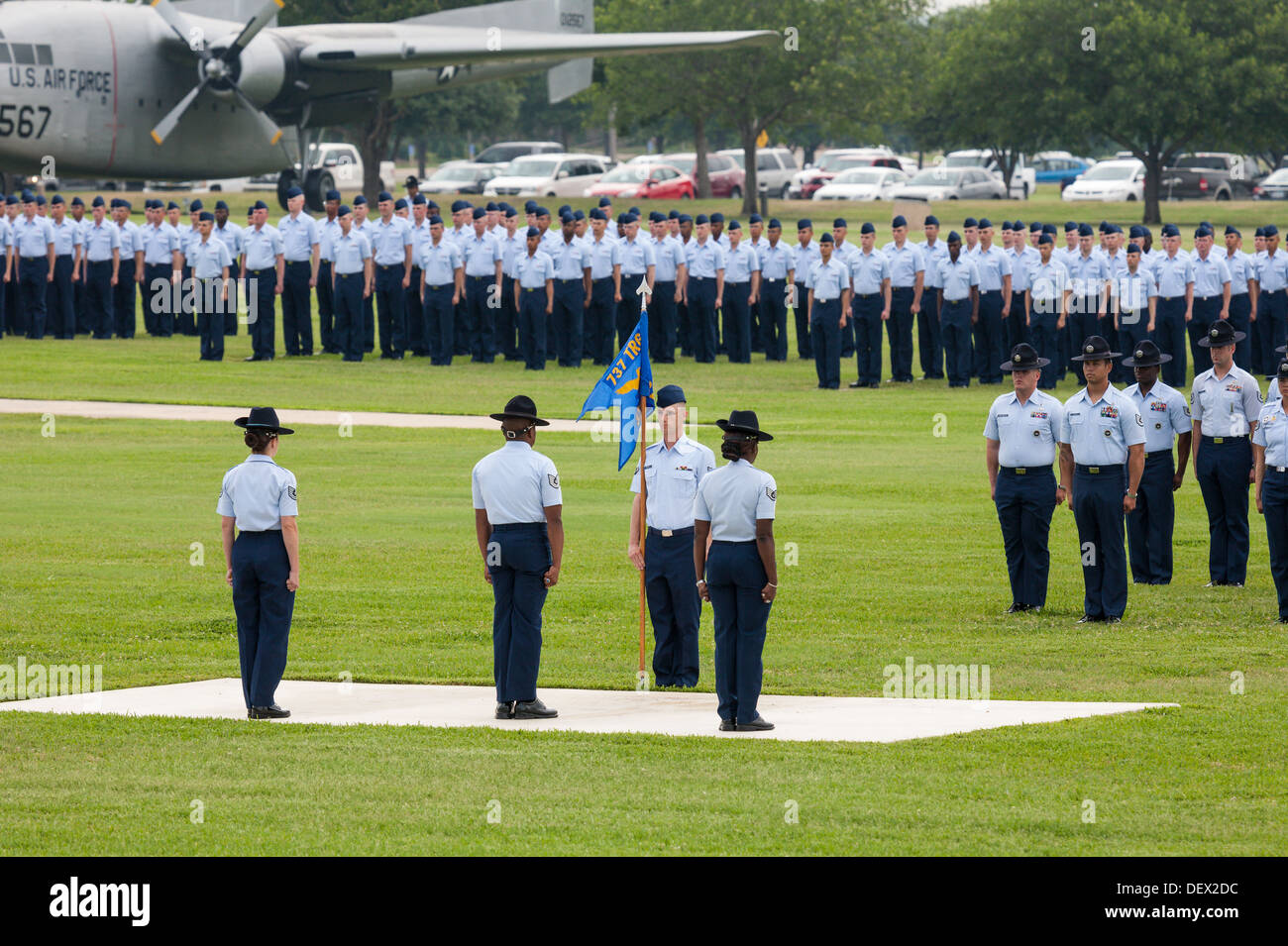 Flights of airmen in formation during United States Air Force basic ...