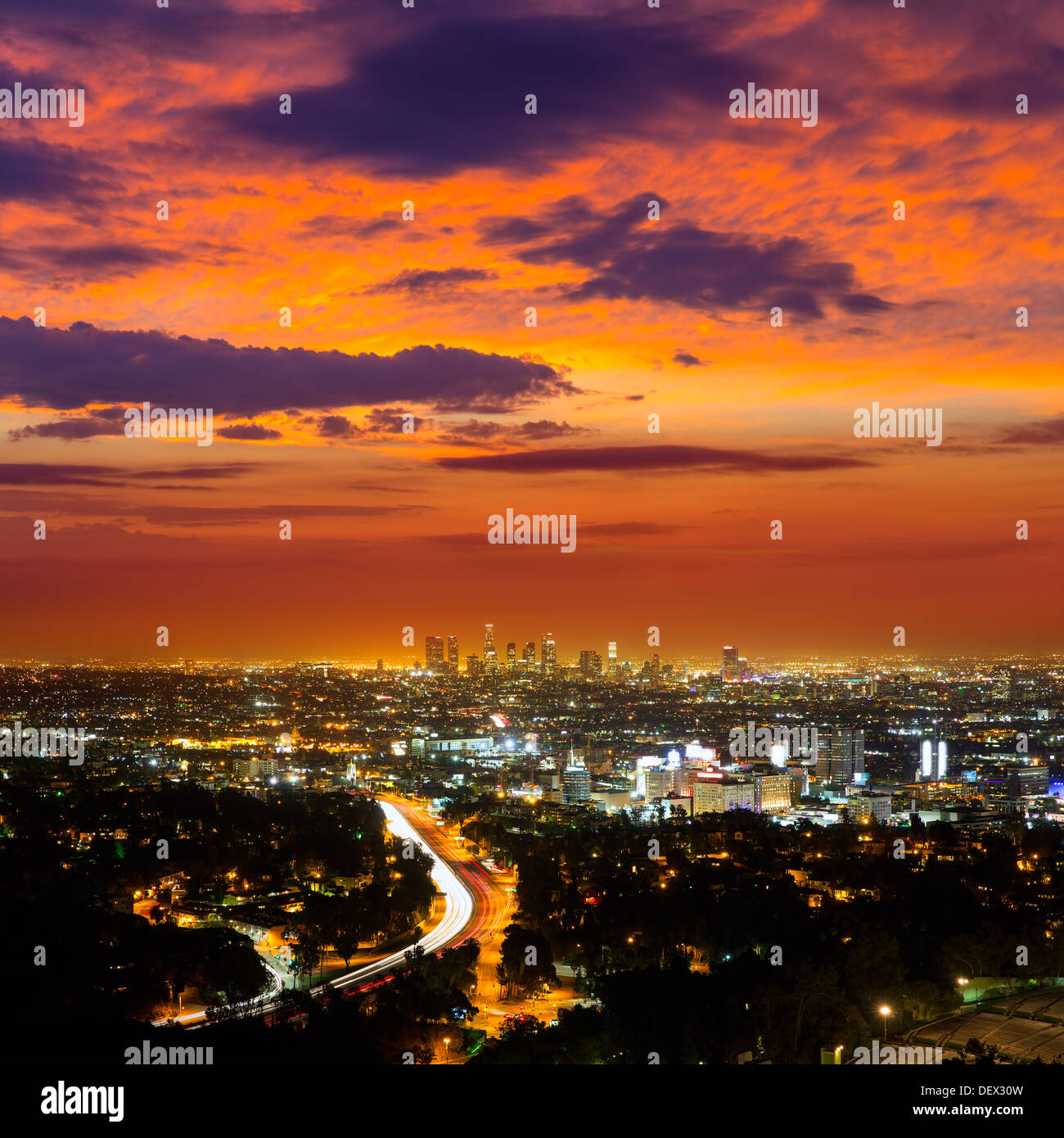 Downtown LA night Los Angeles sunset skyline California from high view ...