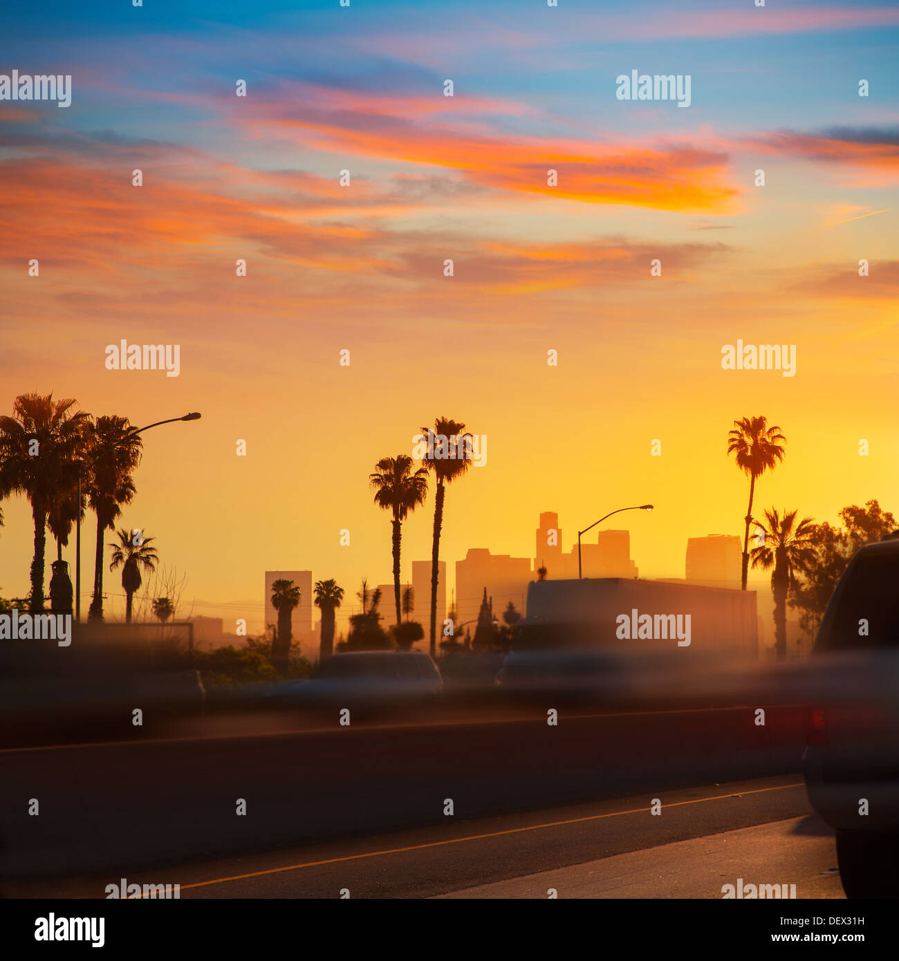 LA Los Angeles sunset skyline with traffic California from freeway ...
