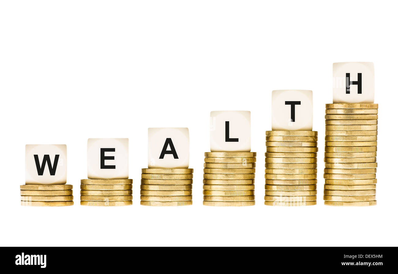Word WEALTH on Row of Gold Coin Stacks Isolated White Stock Photo - Alamy