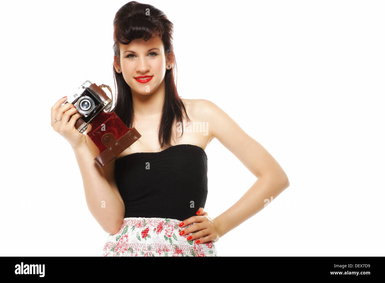 pretty retro summer girl taking picture using vintage camera white ...