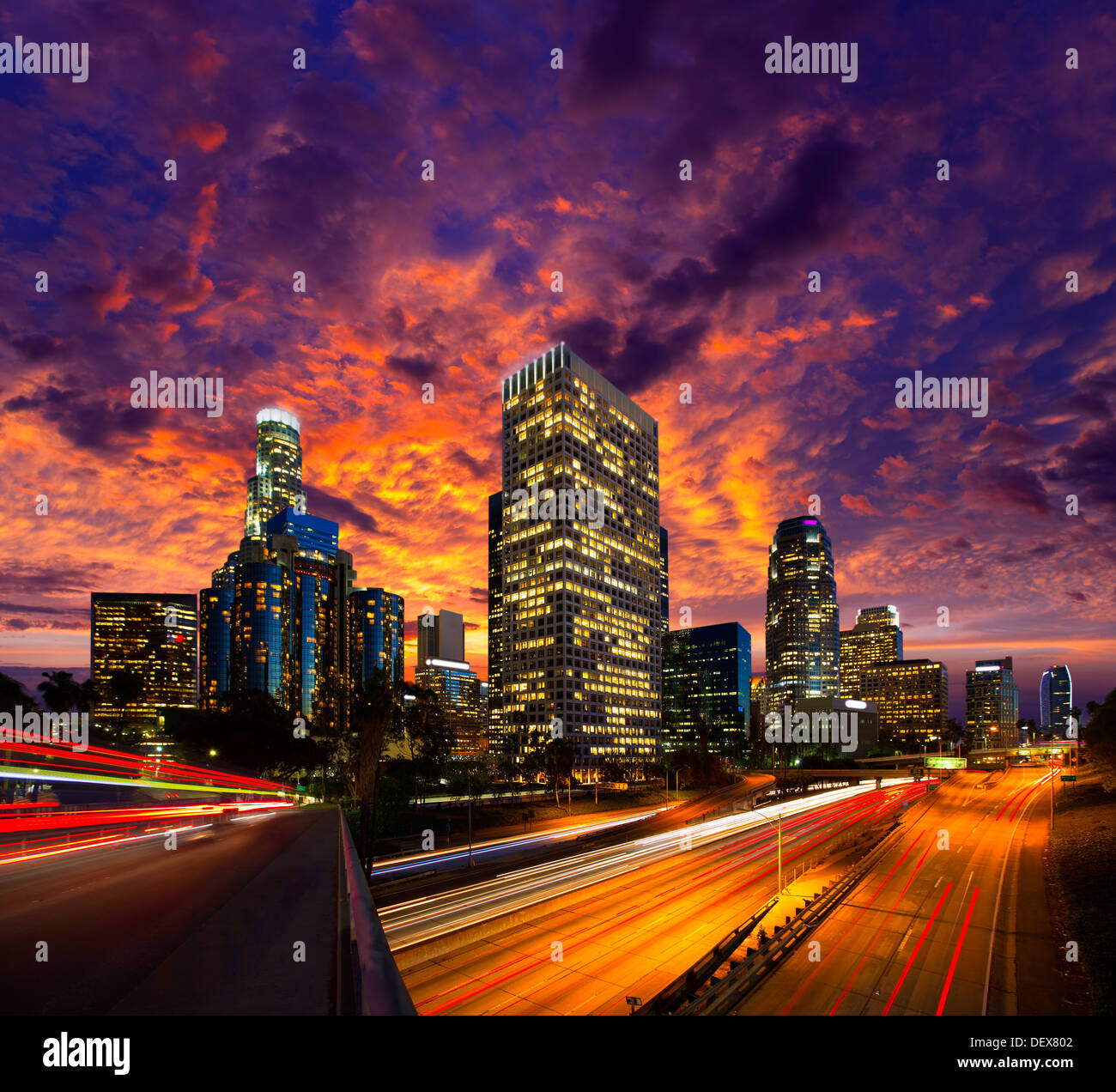 Downtown LA night Los Angeles sunset skyline California from 110 ...