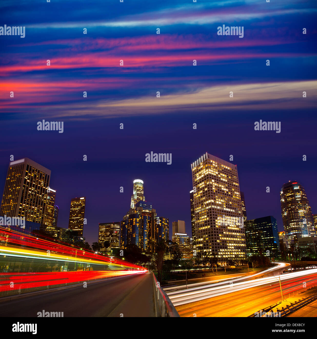 Downtown LA night Los Angeles sunset skyline California from 110 ...