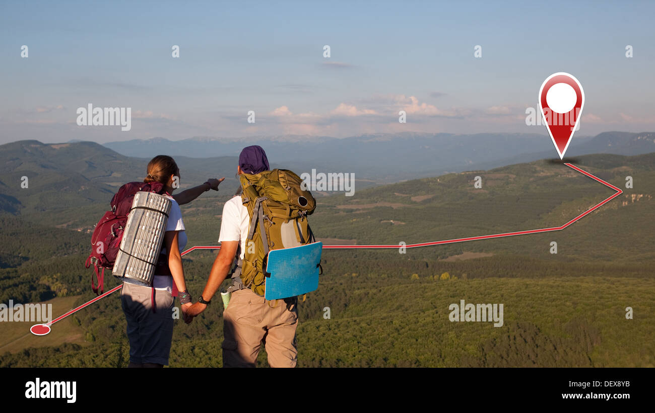 Concept of tourists couple with GPS Icons. Navigation on the mountains ...