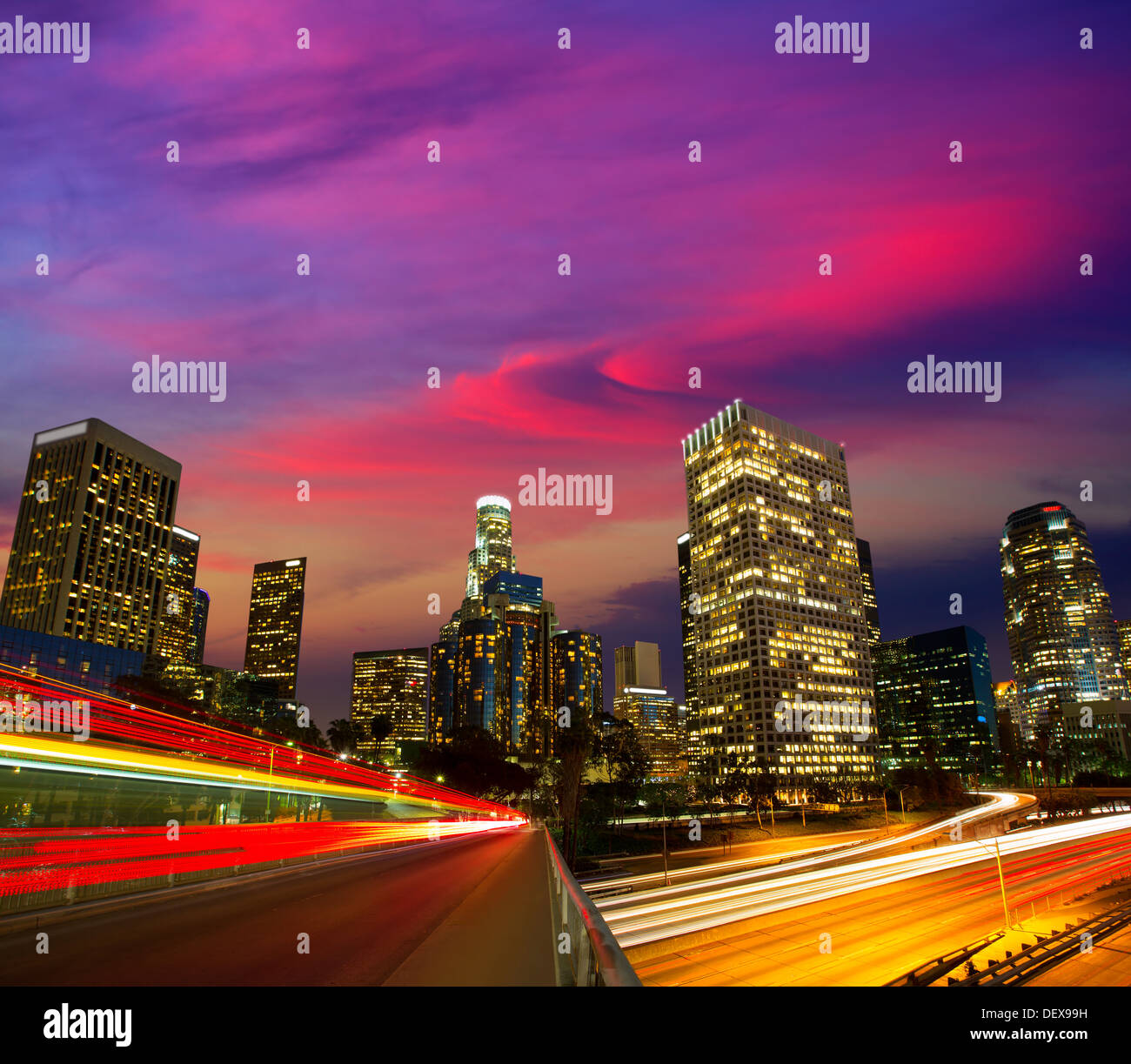 Downtown LA night Los Angeles sunset skyline California from 110 ...