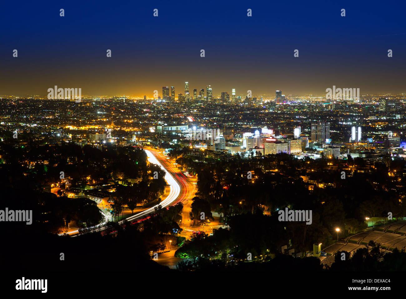 Downtown LA night Los Angeles sunset skyline California from high view ...