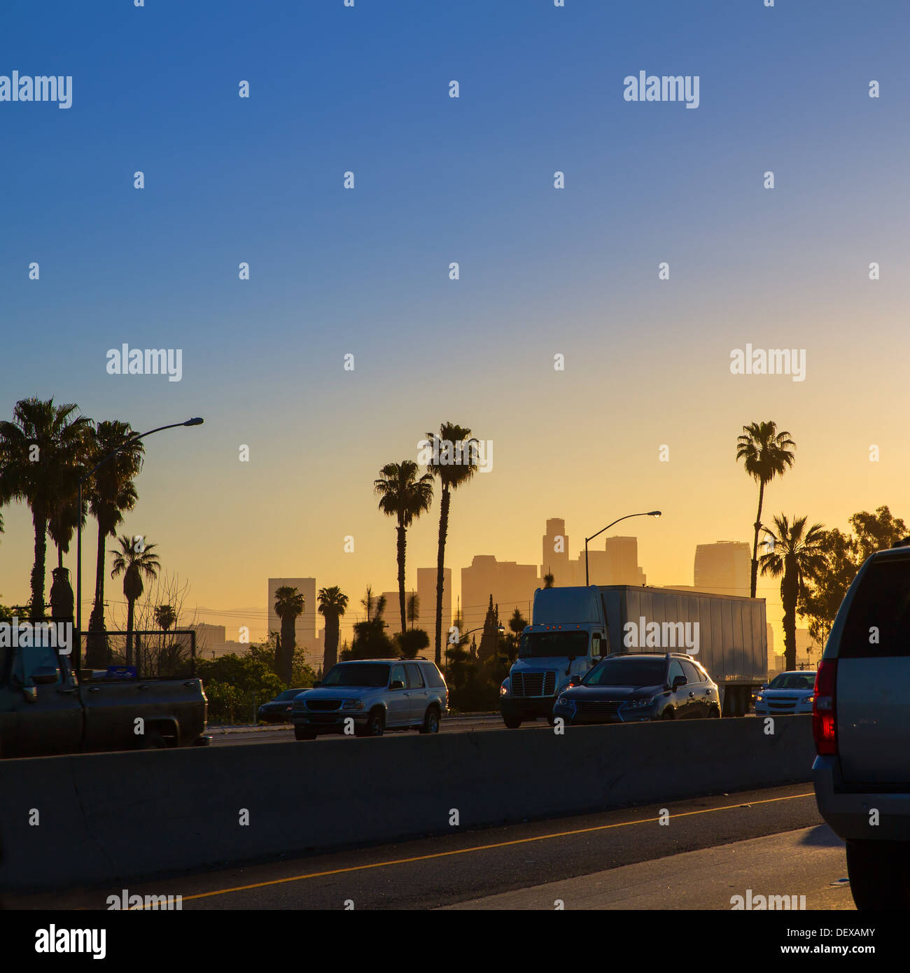 LA Los Angeles sunset skyline with traffic California from freeway ...