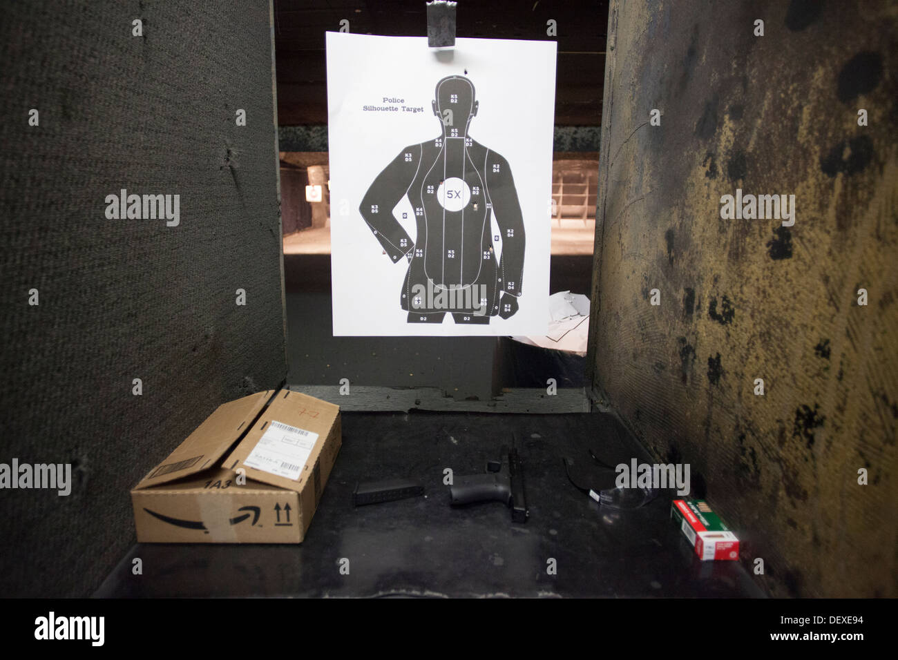 A target pulled up to a booth at an indoor gun range on Apr. 5, 2011 ...