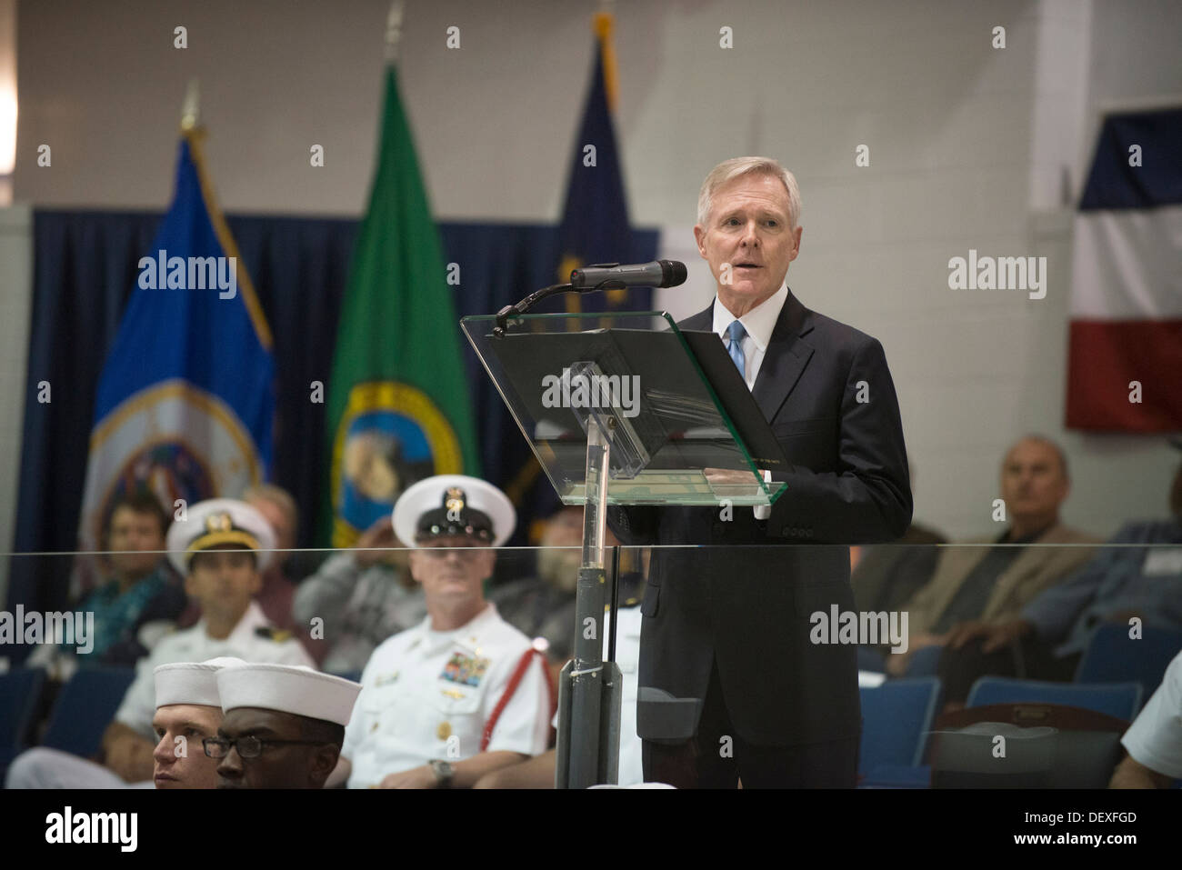 Secretary of the Navy (SECNAV) Ray Mabus delivers remarks during the ...