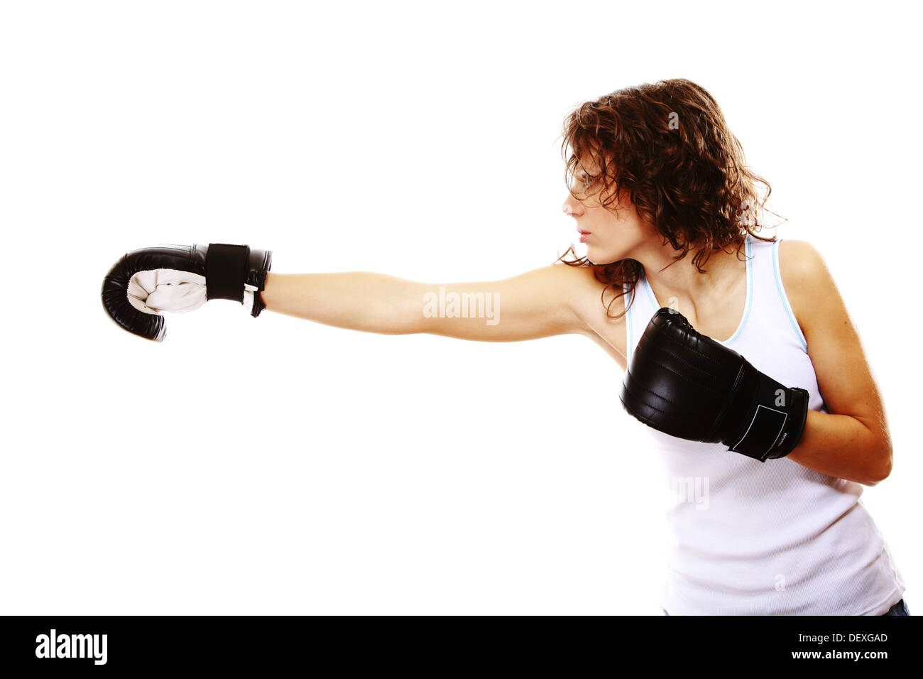 Sportswoman boxer fit woman boxing - isolated over white background ...
