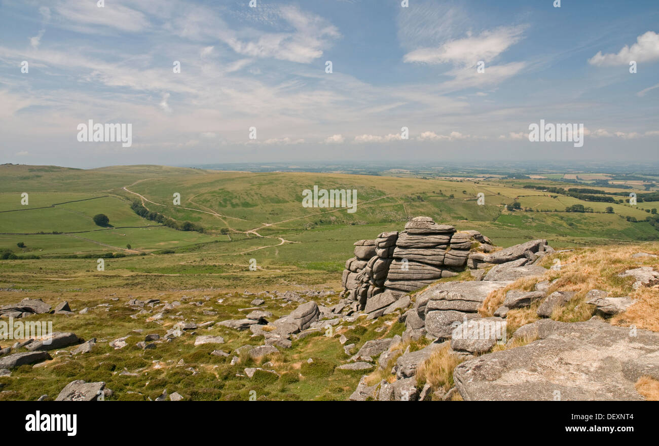 Attractive landscape on Belstone Tor, Dartmoor, looking west across the ...