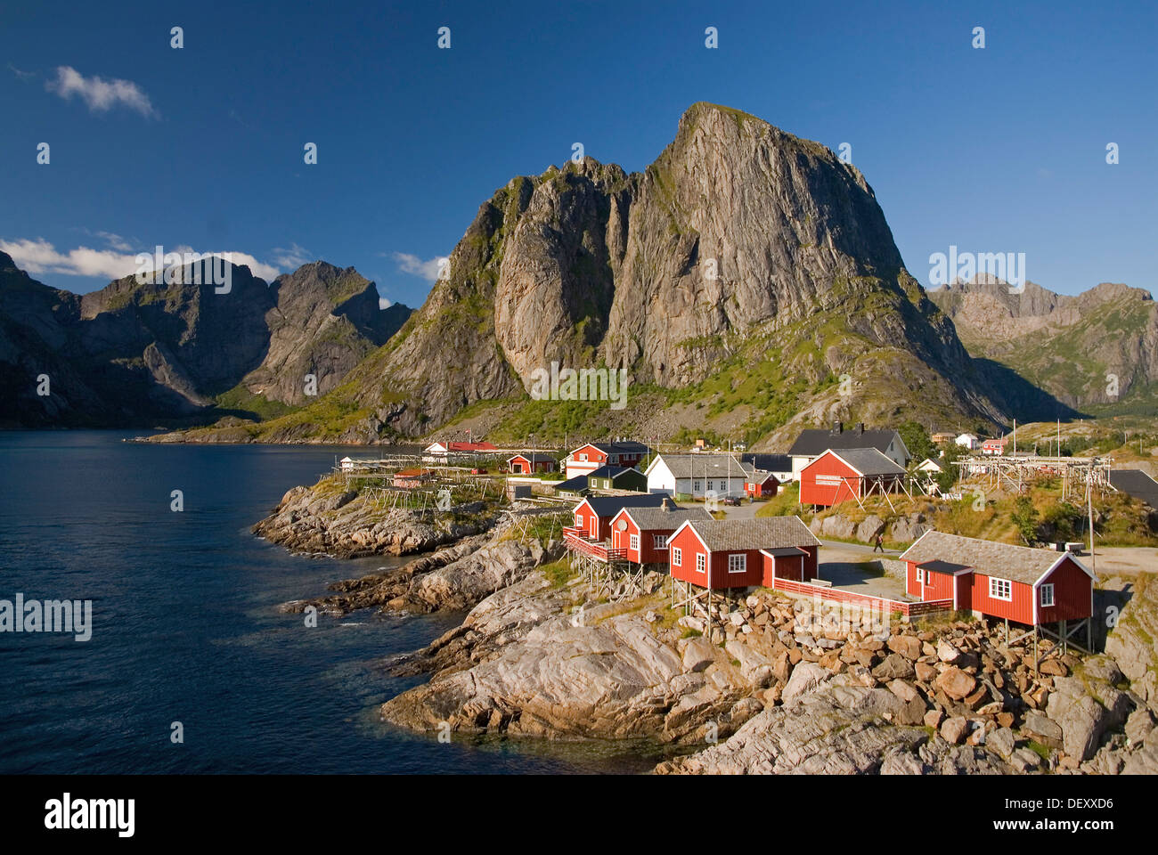 Typical red rorbuer huts, rorbu, at the coast of the Norwegian Sea ...