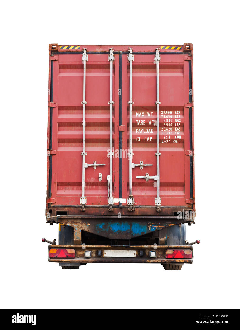 Back side of modern truck with standard red metal freight container ...