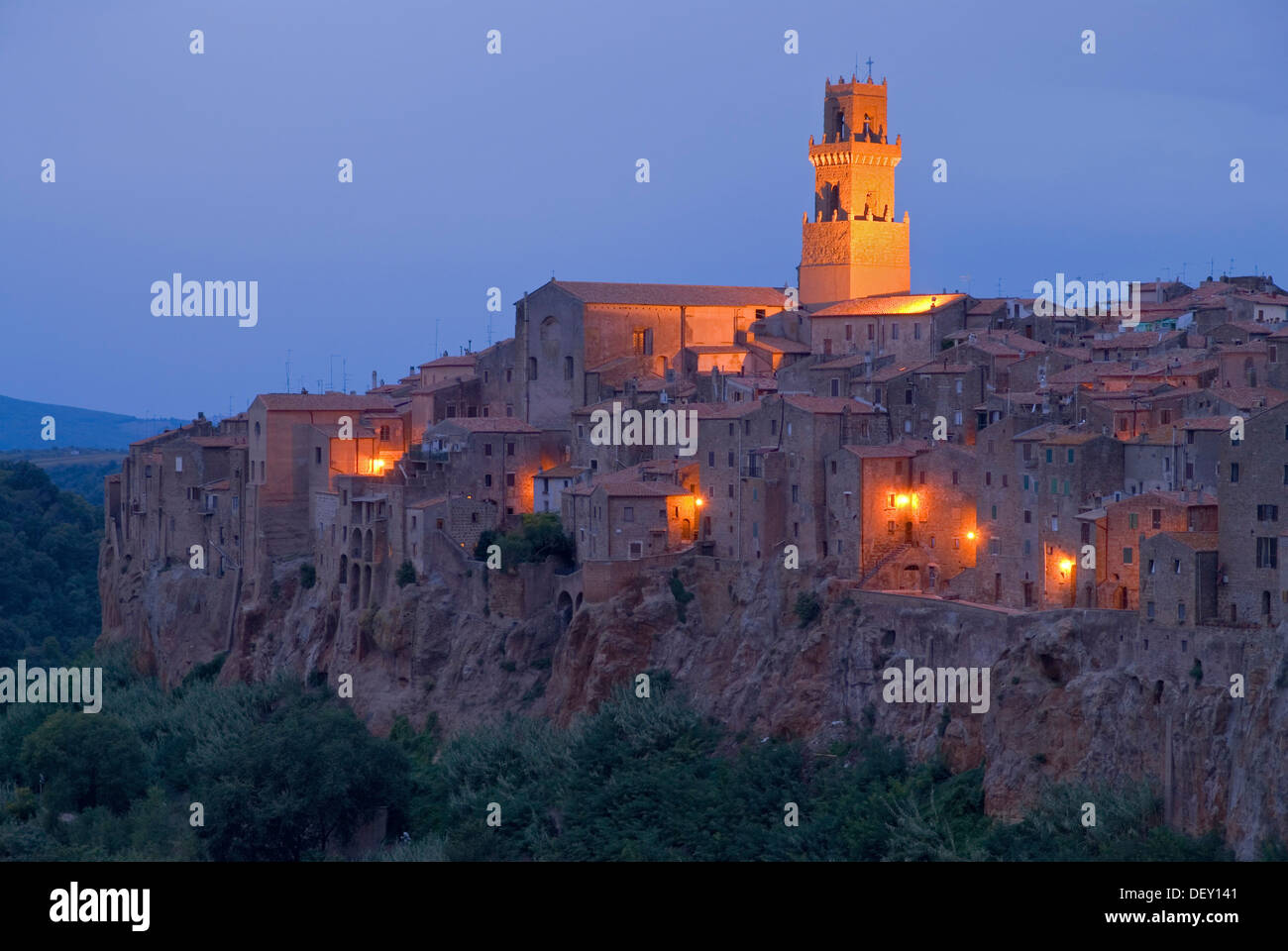 The tufa town of Pitigliano at the blue hour, Tuscany, Italy, Europe ...
