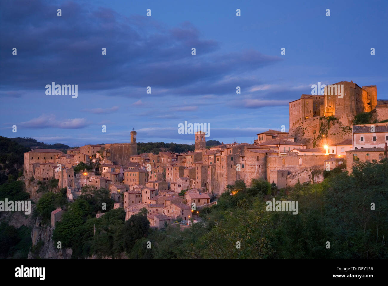 The tufa town of Sorano at the blue hour, Tuscany, Italy, Europe Stock ...