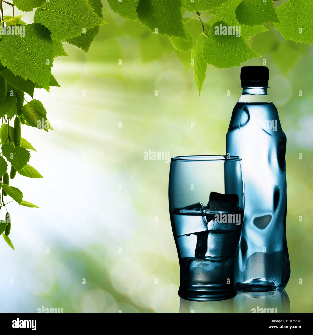 Spring mineral water bottled with glass and ice against natural ...