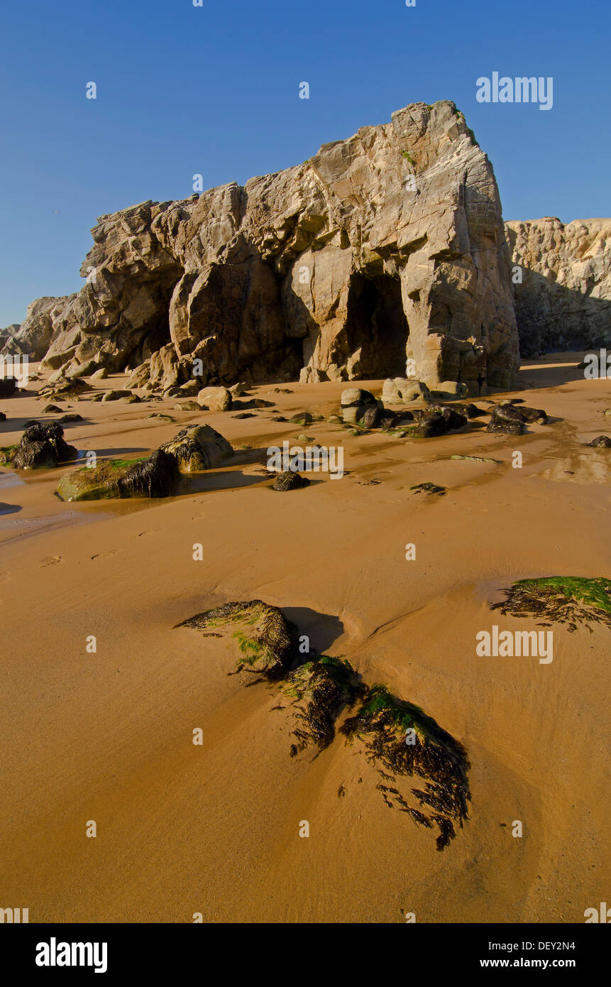 Cliffs and beach at the Côte Sauvage on the west side of the Quiberon ...