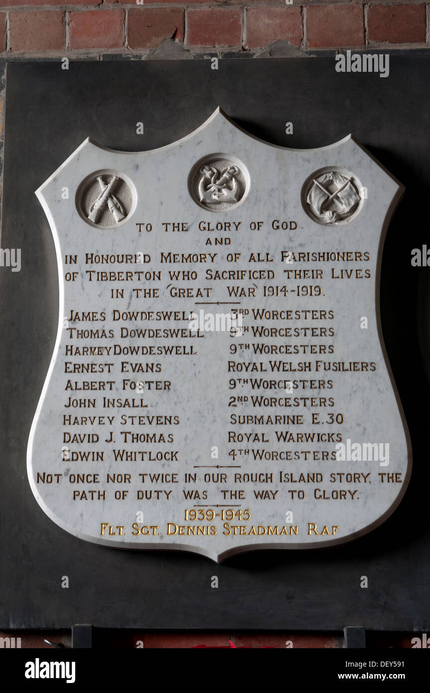 War memorial in St. Peter ad Vincula Church, Tibberton, Worcestershire ...