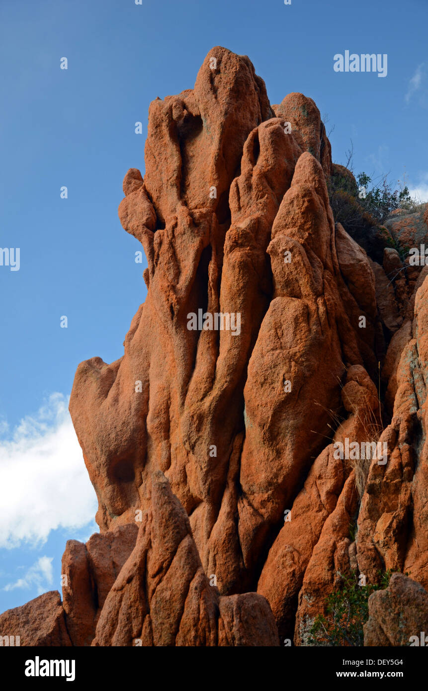 The typical bizarre red rocks of the Calanche of Piana below a blue sky ...