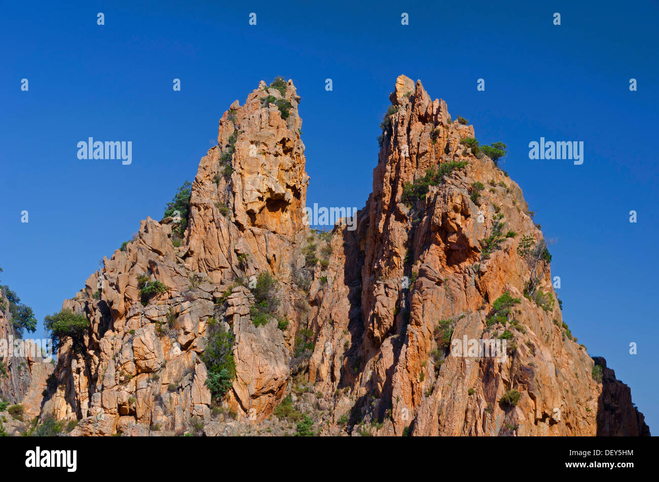 The typical bizarre red rocks of the Calanche of Piana below a blue sky ...