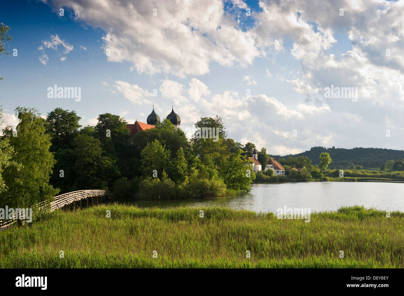 Klostersee lake and Kloster Seeon Abbey, Seeon, Chiemgau region ...