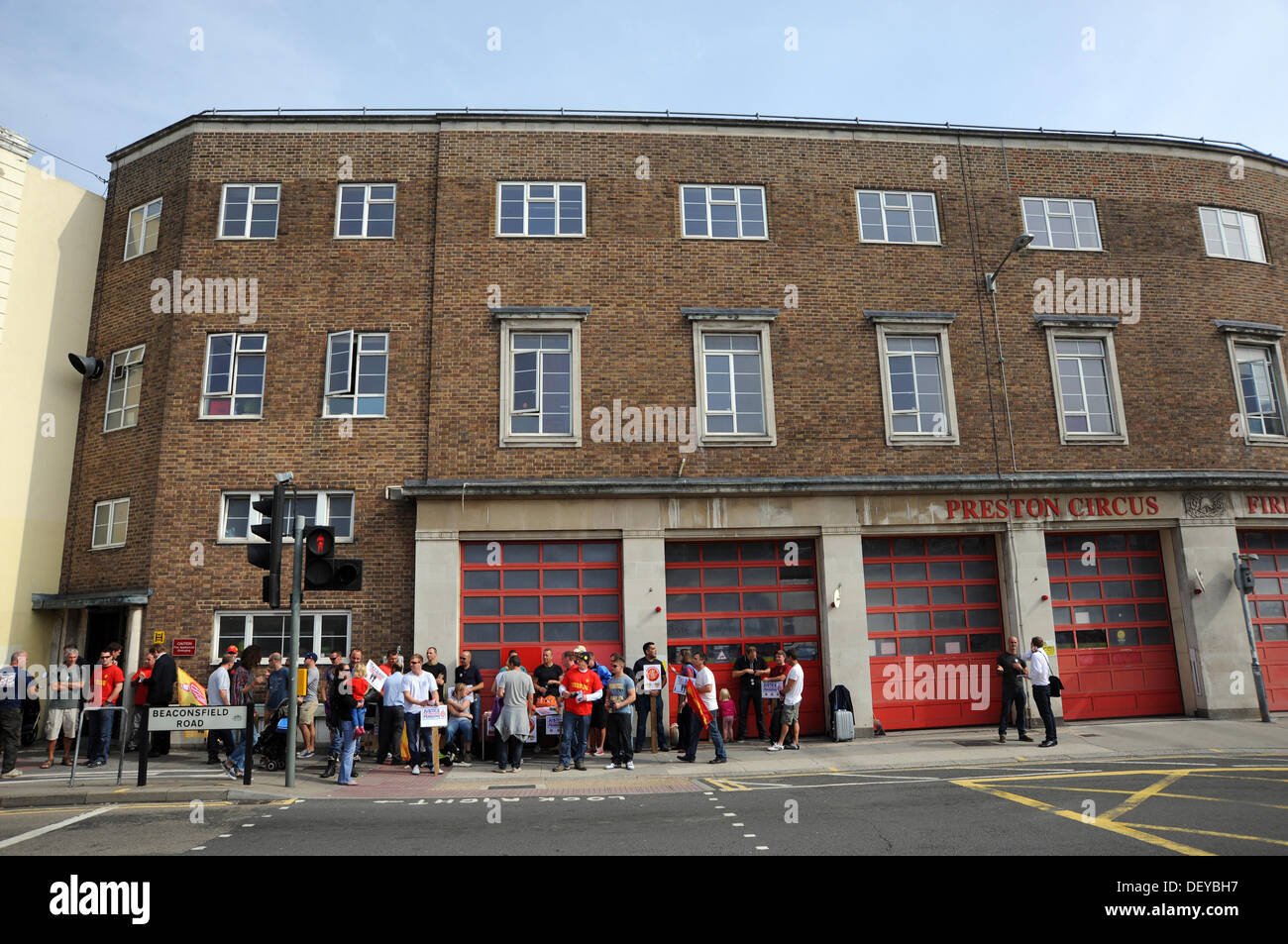 Members of the Fire Brigades Union on strike outside the Preston Circus ...