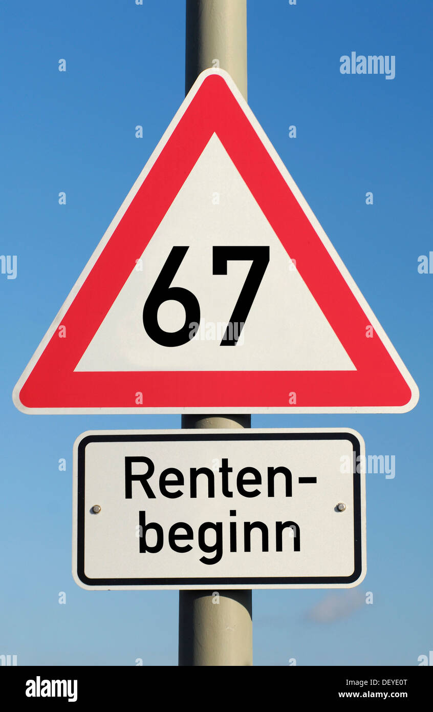 Warning sign, retirement age of 67 Stock Photo - Alamy