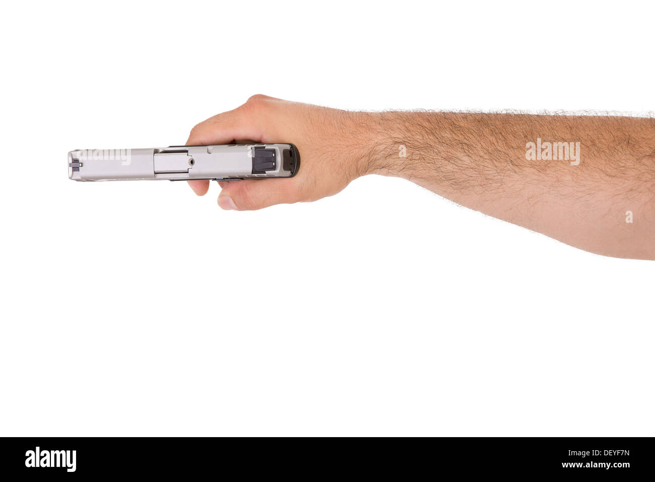 Shooting style with a hand gun from top view Stock Photo - Alamy