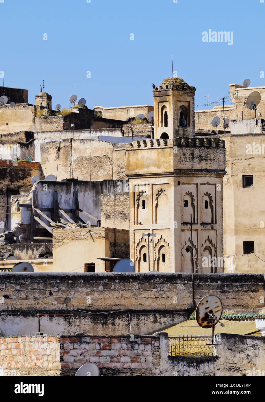 View of the roofs and minarets in the old medina of Fes, Morocco ...