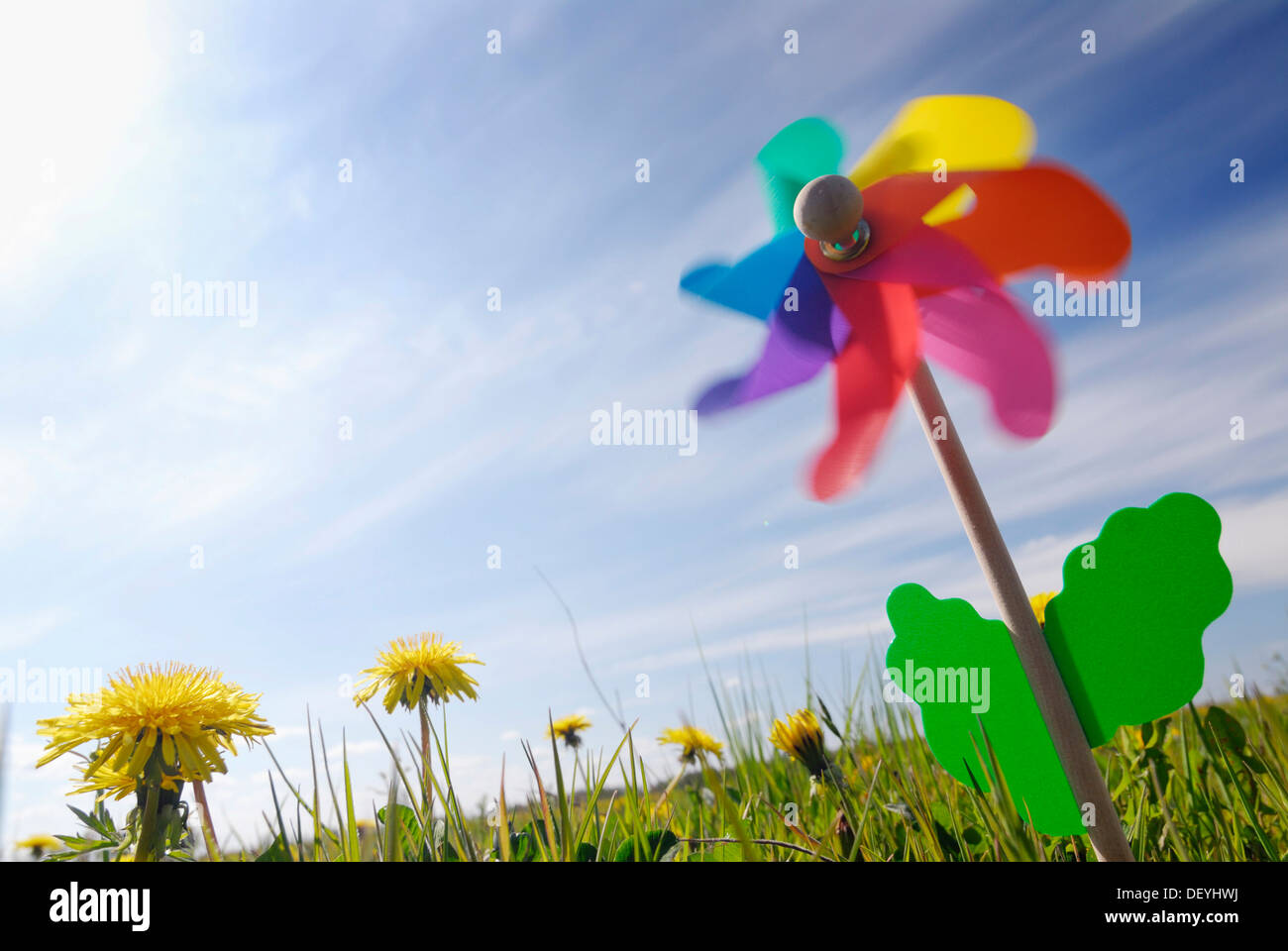 Rotating colourful pinwheel on a meadow, symbolic image for wind energy ...
