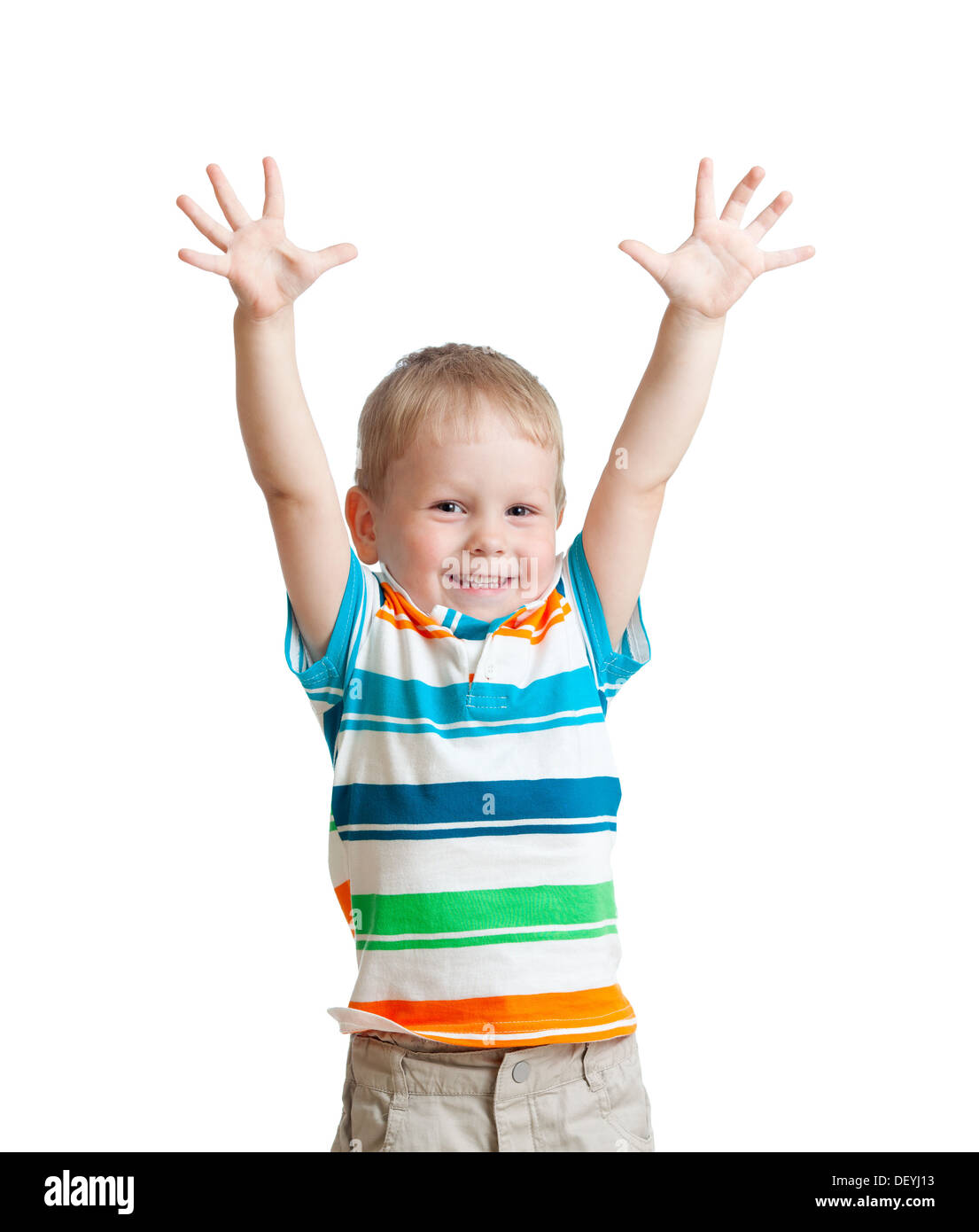 child boy with hands up isolated on white background Stock Photo - Alamy
