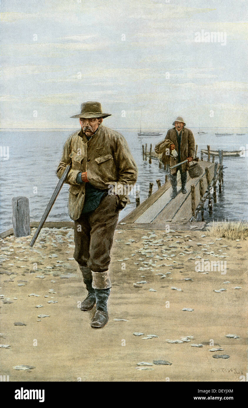 Duck hunters return to shore with no luck, circa 1900. Color halftone ...