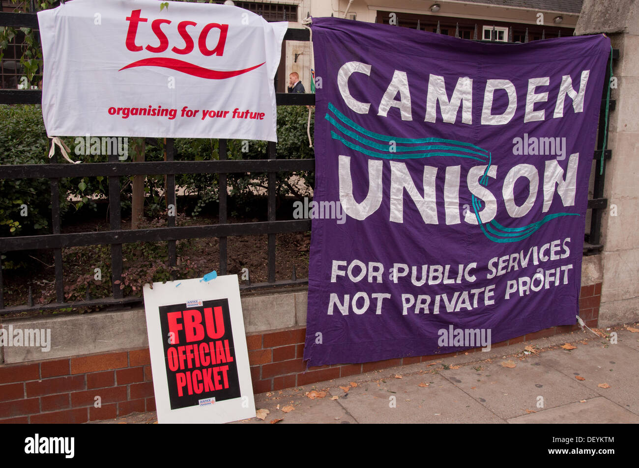 London, England UK 25/09/2013. Union banners on display as firefighters ...