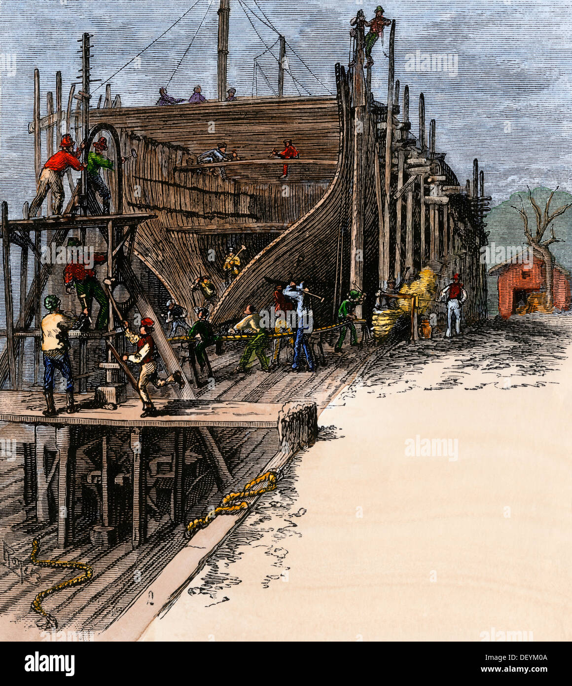 Wooden sailing-ship being built, 1800s. Hand-colored woodcut Stock ...