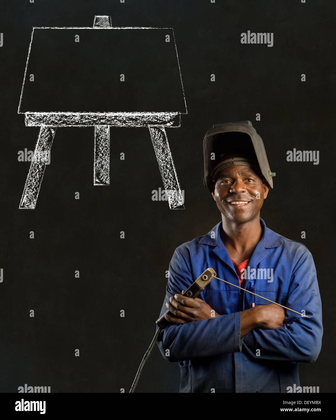 African black man industrial worker with chalk easel on blackboard ...