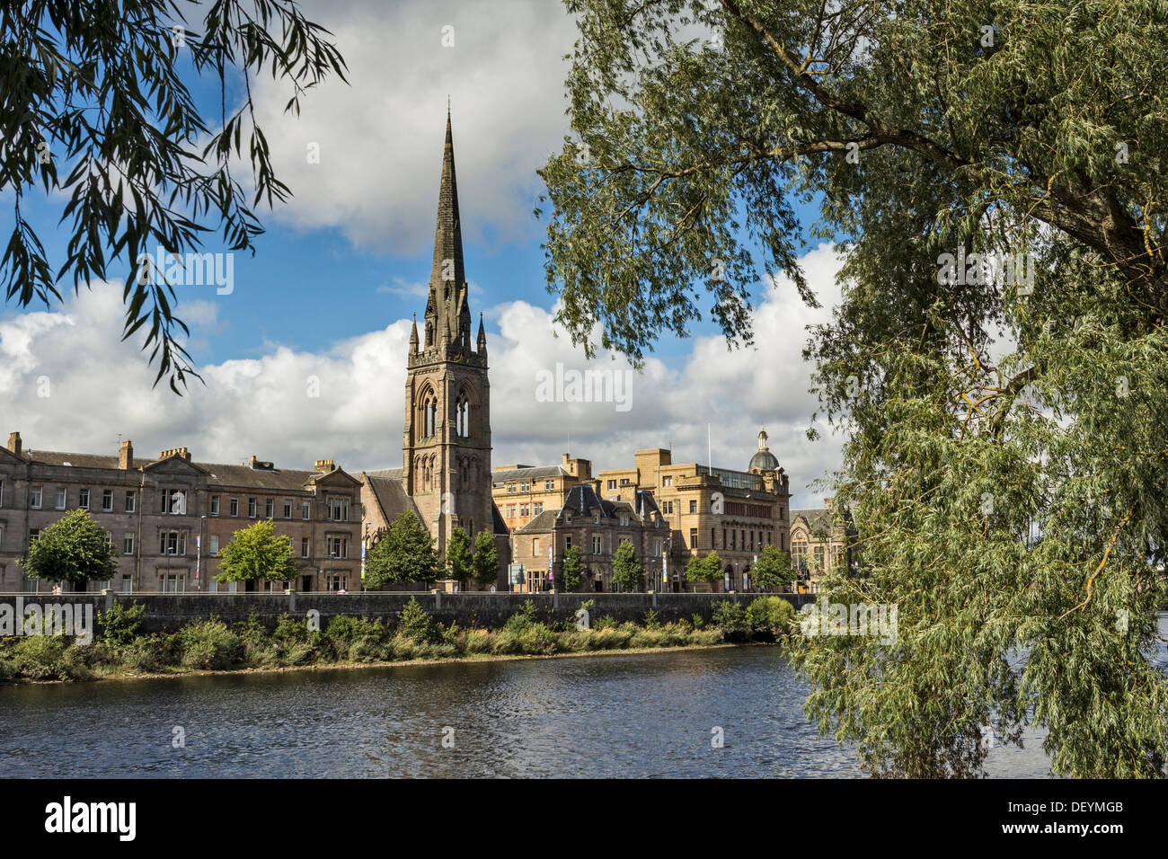 PERTH CITY SCOTLAND CHURCH STEEPLE AND RIVER TAY SURROUNDED BY WILLOW ...